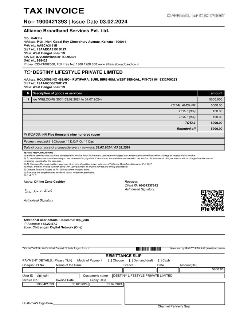 Tax Invoice for Destiny Lifestyle Pvt. Ltd. | PDF | Cheque | Payments