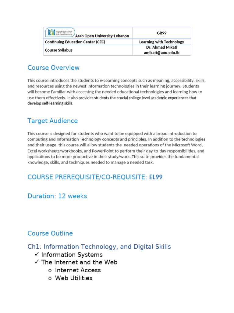 Learning With Technology-GR99-Syllabus-CEC | PDF | Microsoft Excel | Educational Technology