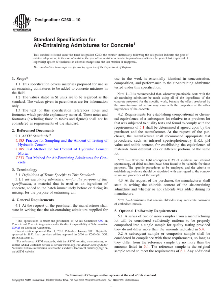 Astm C 260 - Eng - 2010 - Especificacion para Aditivos Inc de Aire en El Concreto | PDF ...
