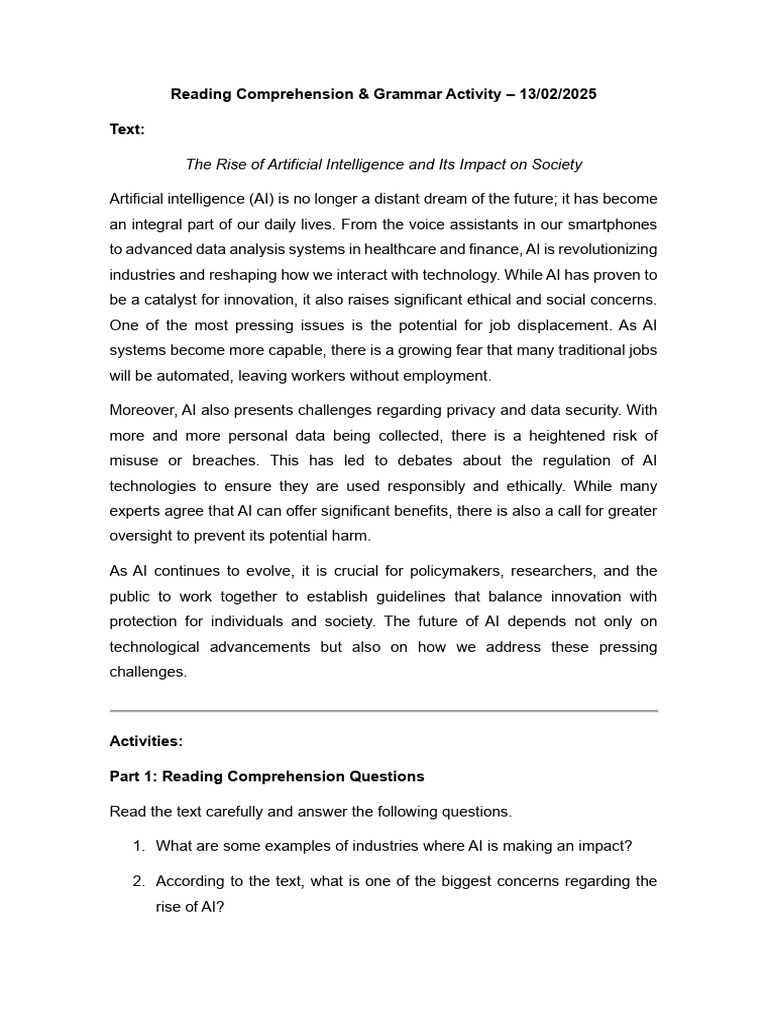 Reading Comprehension & Grammar Activity – 13.02.2025 | PDF | Artificial Intelligence ...