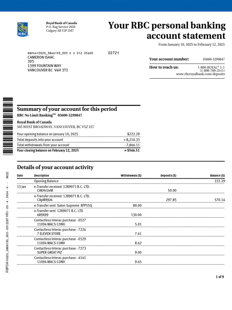 Your RBC Personal Banking Account Statement | PDF | Debit Card | Cheque