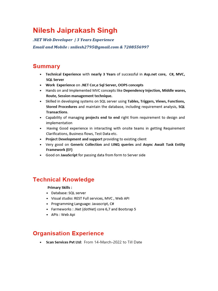 Nilesh Singh .NET Developer 3 Year Experience | PDF
