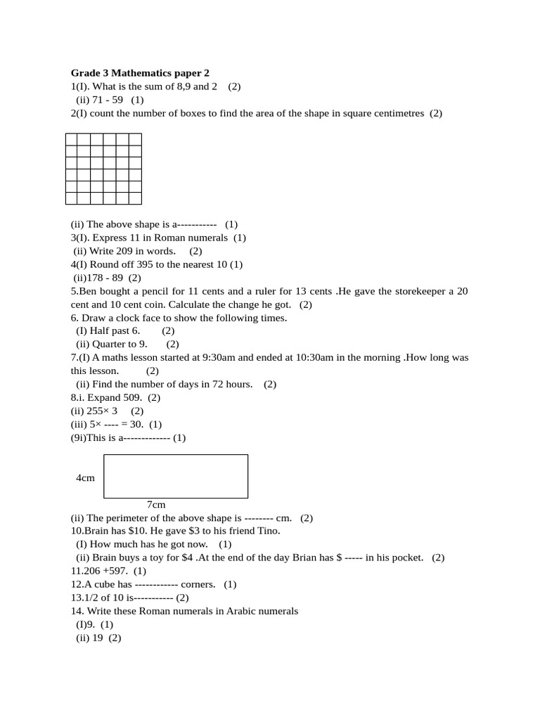 Maths Grade 3 Paper 2 | PDF