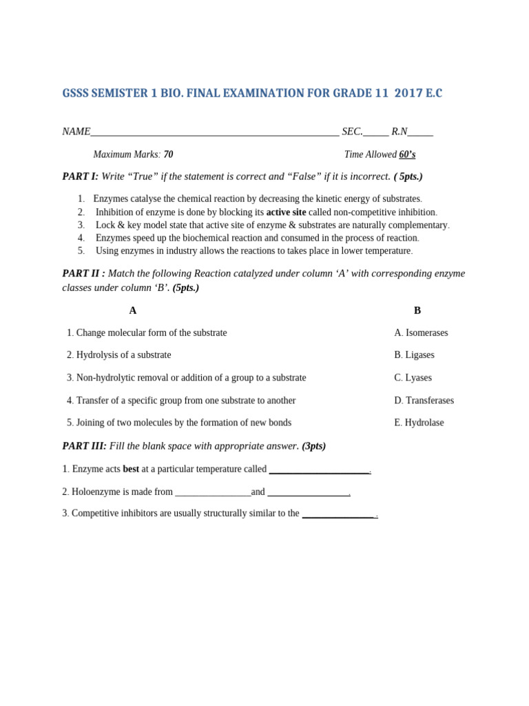 BIO Final 2017 | PDF | Active Site | Enzyme