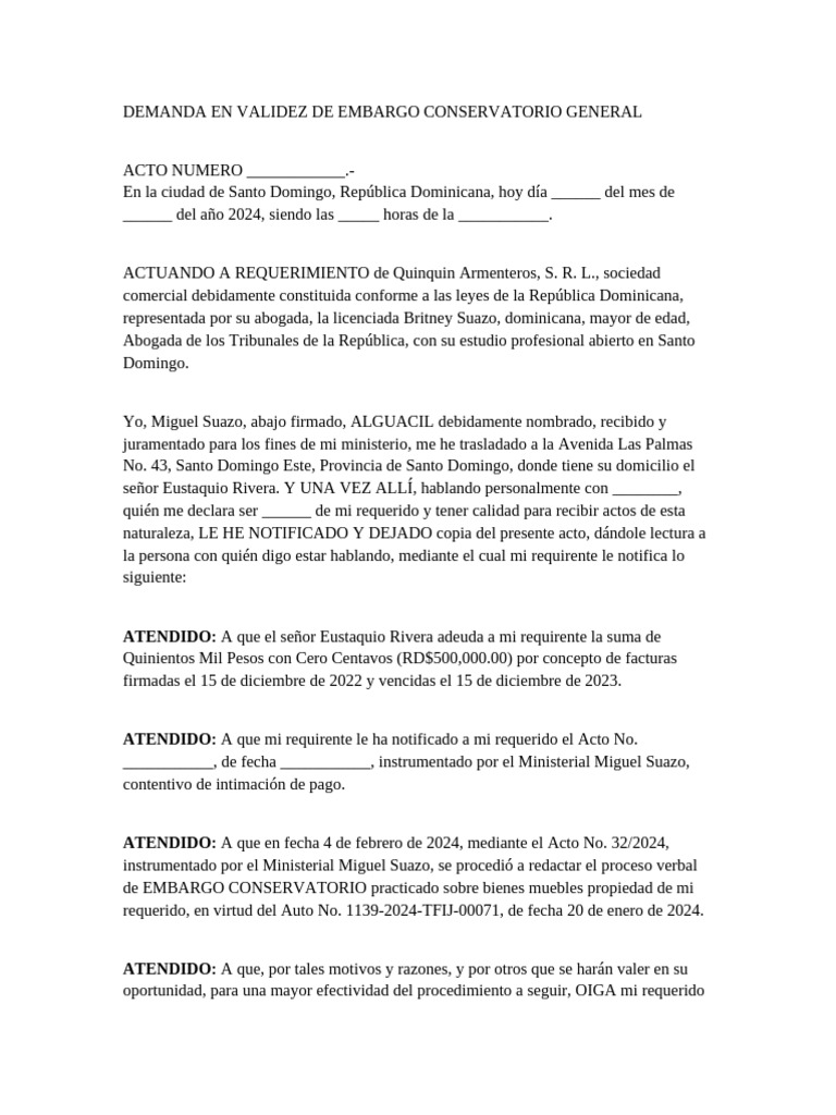 Demanda - Validez - Embargo - Conservatorio General | PDF