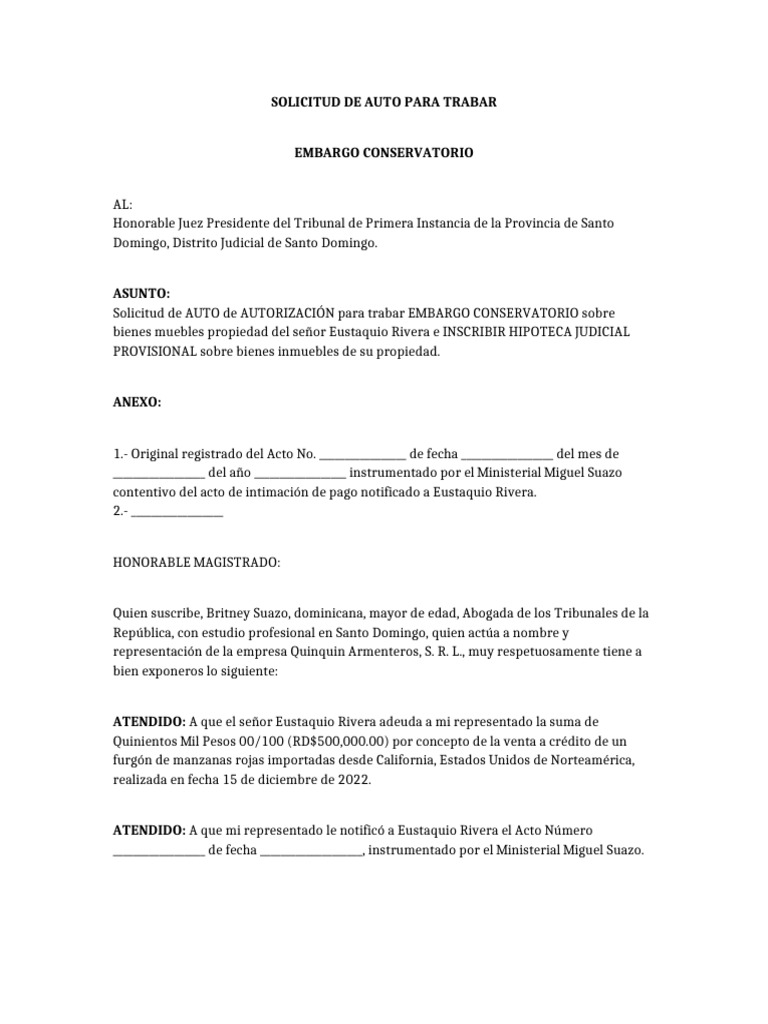 Solicitud - Auto - Embargo Conservatorio | PDF | Justicia | Crimen y ...