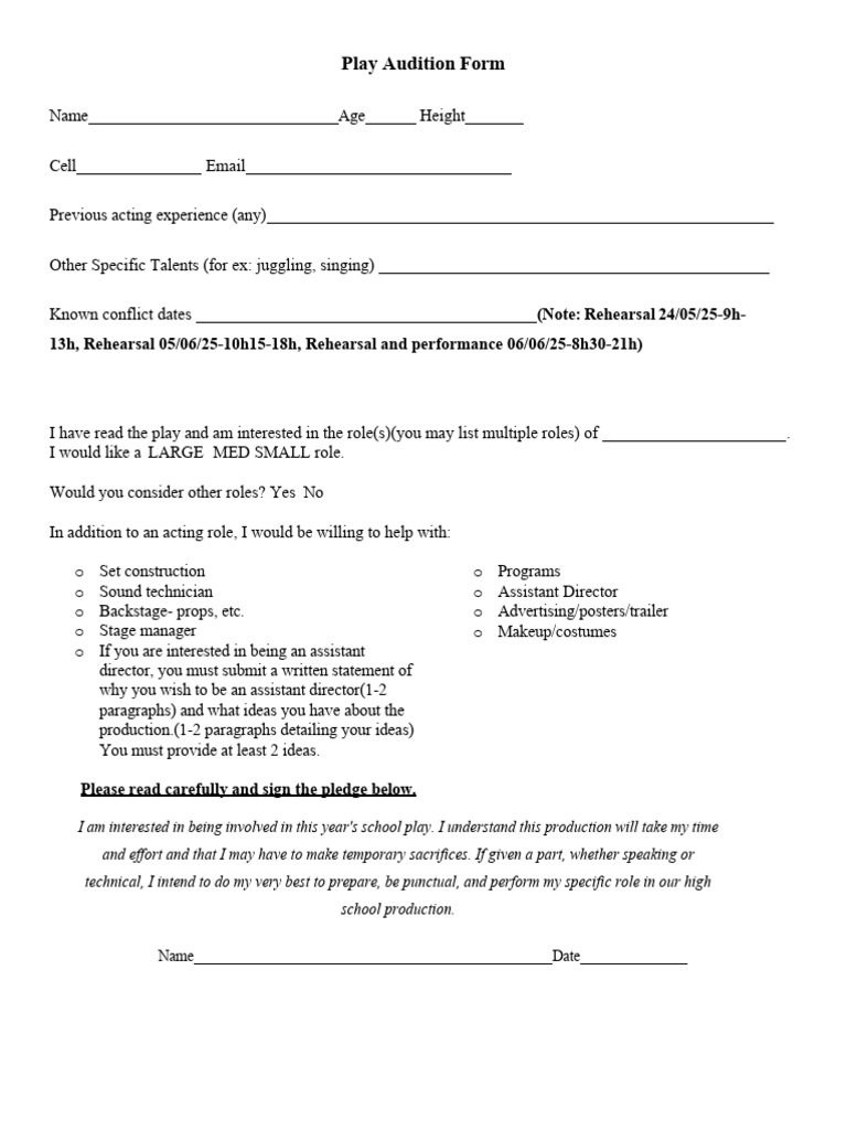 Play Audition Form 1 Page 1 | PDF
