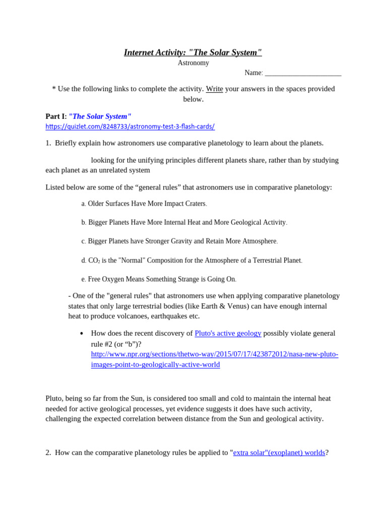 Internet Activity The Solar System 3 | PDF | Planets | Solar System