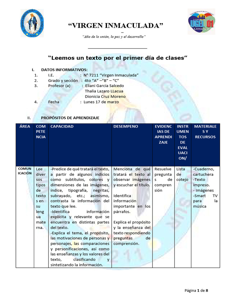 Primer Día de Clases: Actividades de Lectura | PDF | Modificación de ...