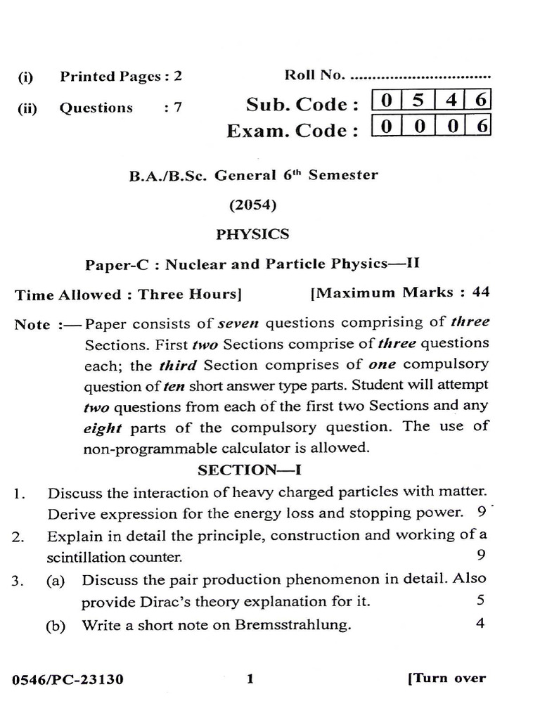 BA BSC - General - 6th Sem - Physics - Paper C - Nuclear and Particle Physics II - May 2024 | PDF