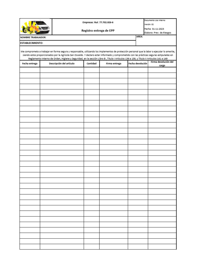 Registro Entrega de Epp | PDF