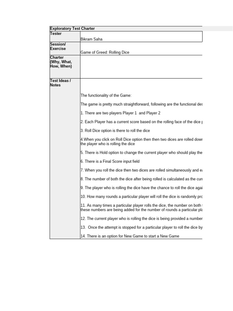 Exploratory Test Charter Template | PDF | Dice | Gaming