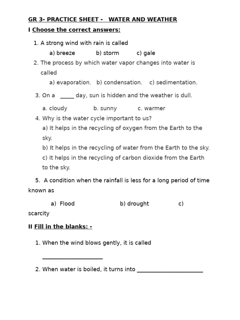 Grade 3 Water Cycle Practice Sheet | PDF | Water | Rain