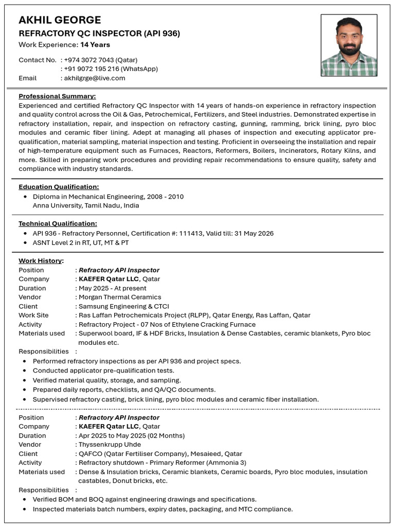 AKHIL GEORGE - CV - Refractory QC Inspector - API 936 Certified | PDF ...