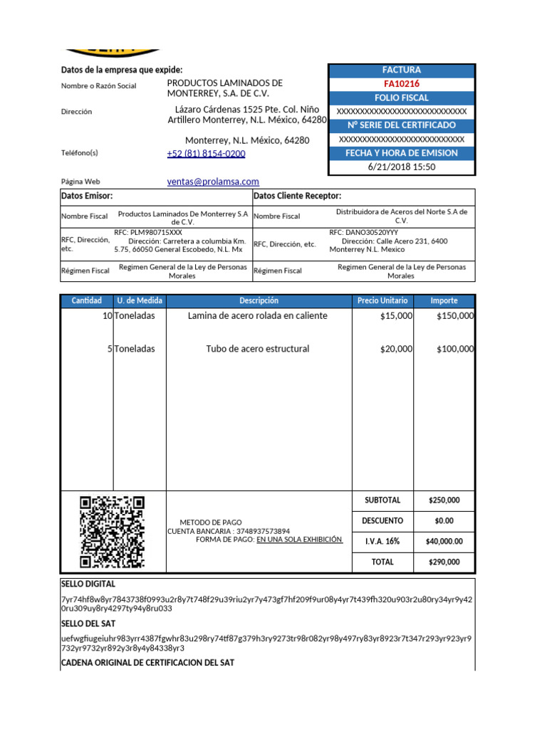 Prolamsa Monterrey: Datos de Factura | PDF
