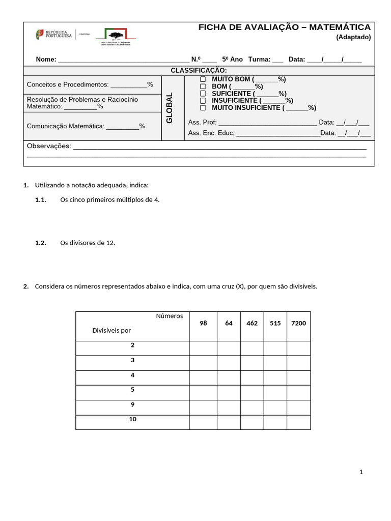 1 - Fa - Mat5 - Adaptado | PDF | Números | Matemática elementar