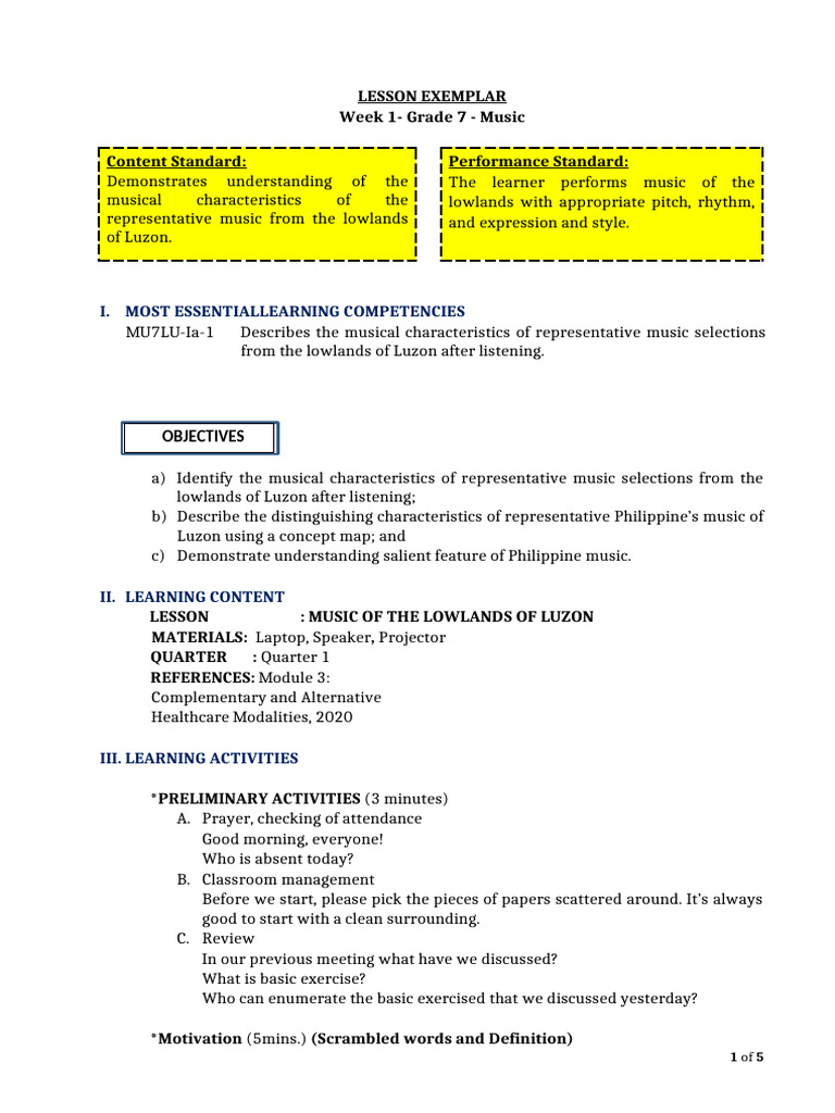 Grade 7 Music: Luzon Lowlands Lesson Plan | PDF | Elements Of Music ...
