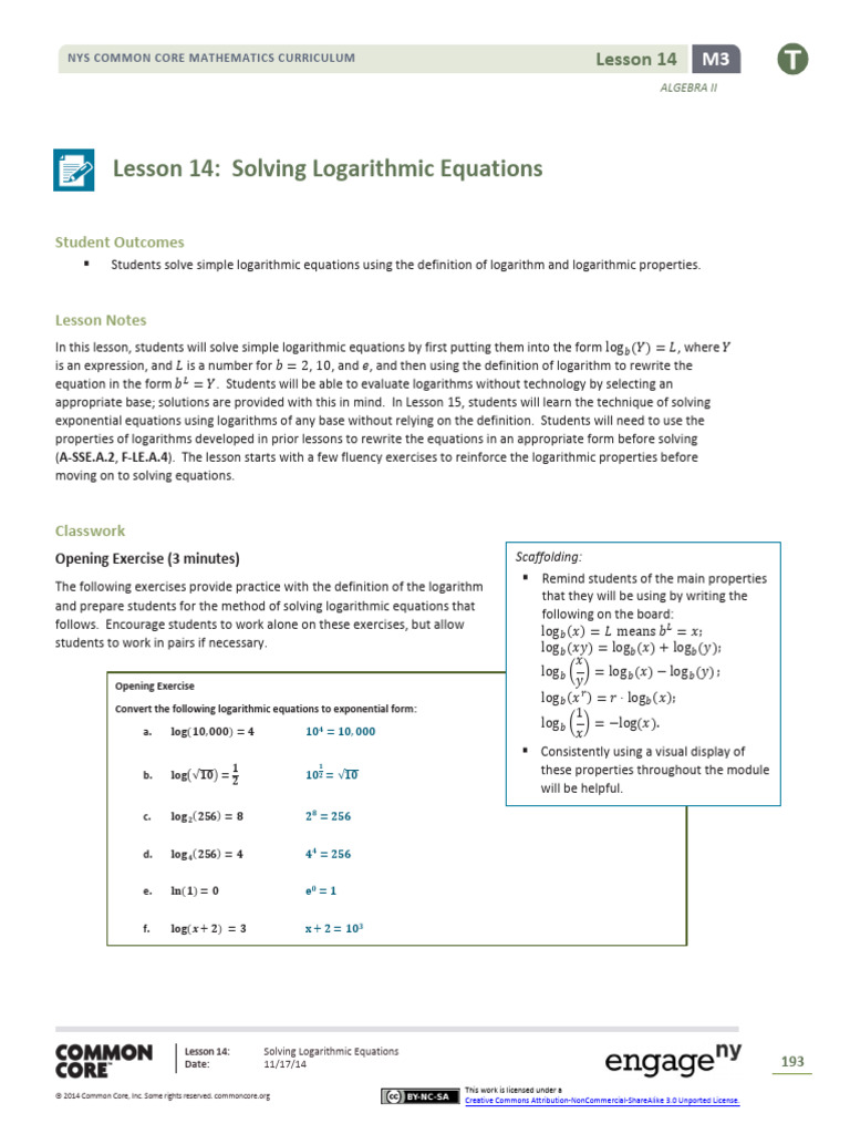 Algebra II m3 Topic B Lesson 14 Teacher | PDF | Equations | Logarithm