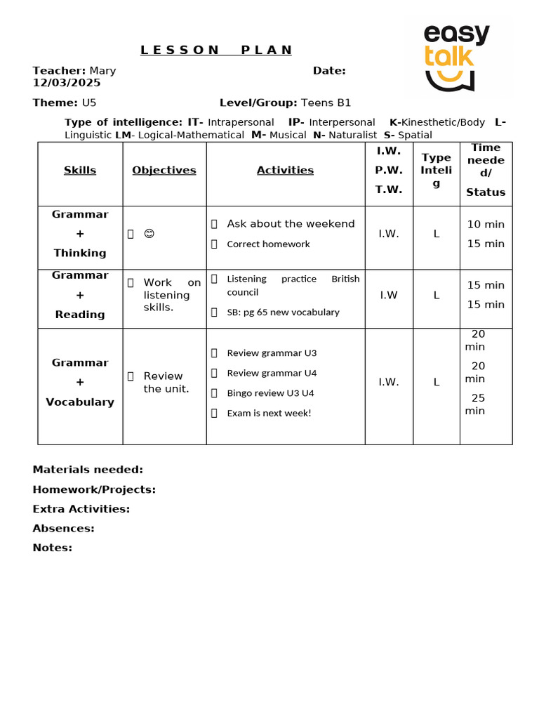 Lesson Plan 24 TEENS B1 12 - Mar - 25 | PDF