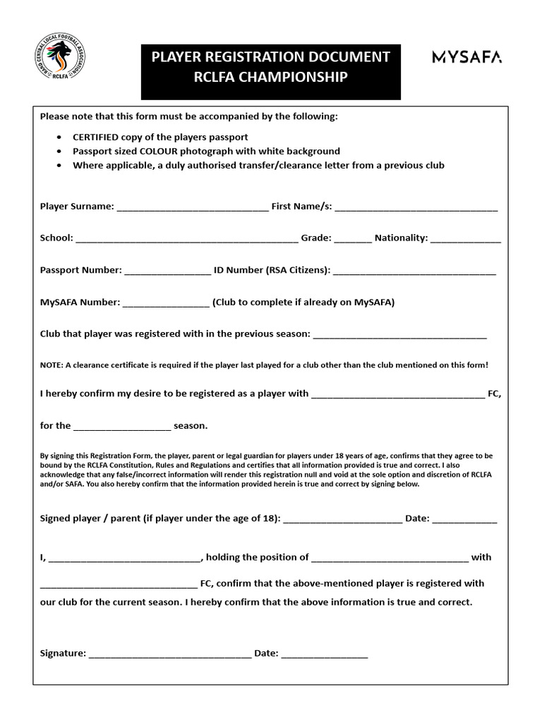 RCLFA Championship Player Registration Form | PDF