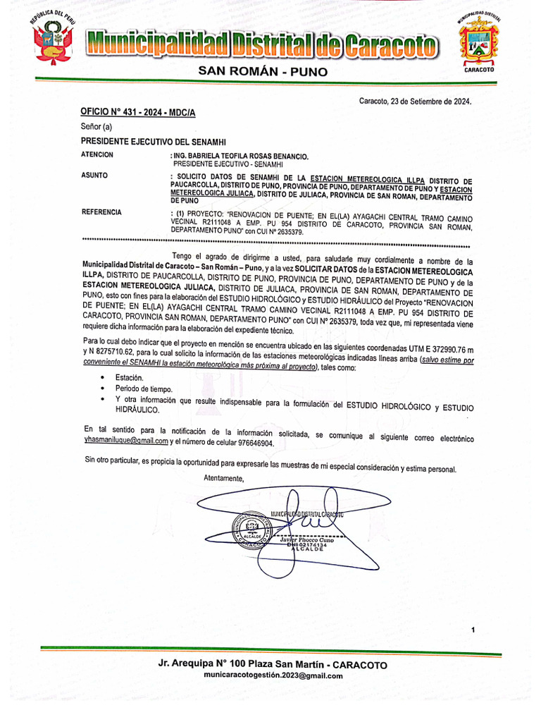 Oficio 431-2024-MDCA - Solicitud de Datos SENAMHI | PDF