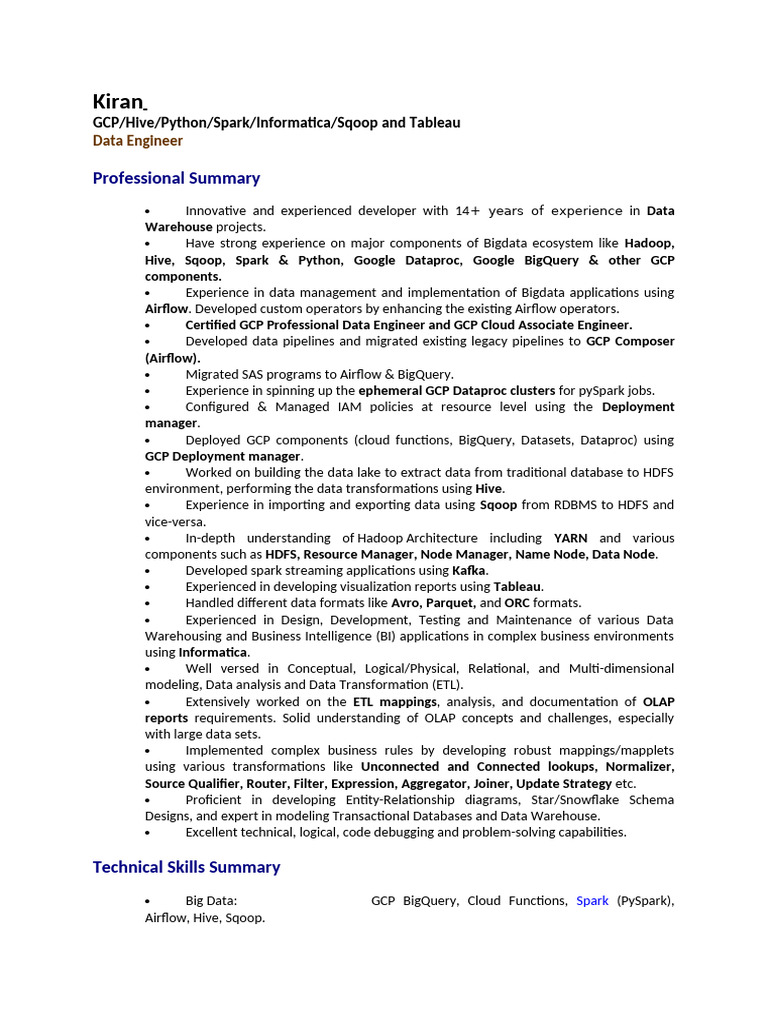 Kiran - Data Engineer | PDF | Apache Hadoop | Databases