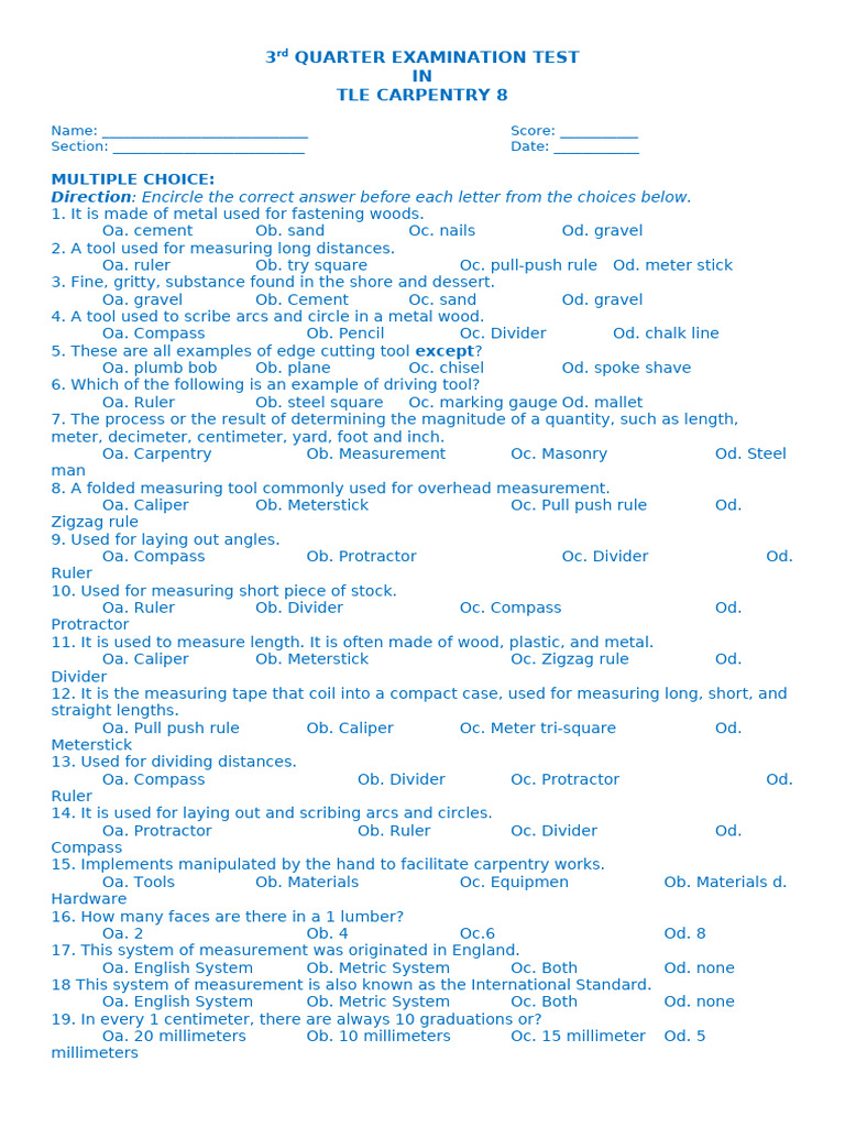 TLE Carpentry 8: 3rd Quarter Exam | PDF | Foot (Unit) | Safety