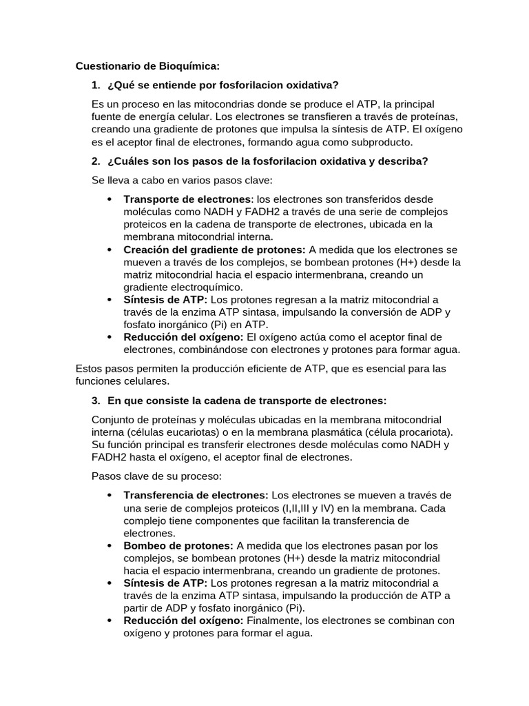 Cuestionario de Bioquímica | PDF | Trifosfato de adenosina | Cadena de transporte de electrones