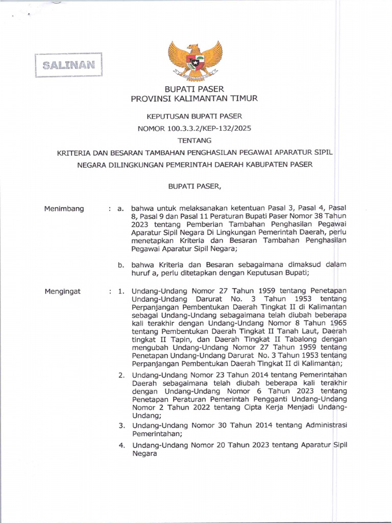 SK Kriteria Dan Besaran TPP TA 2025 | PDF