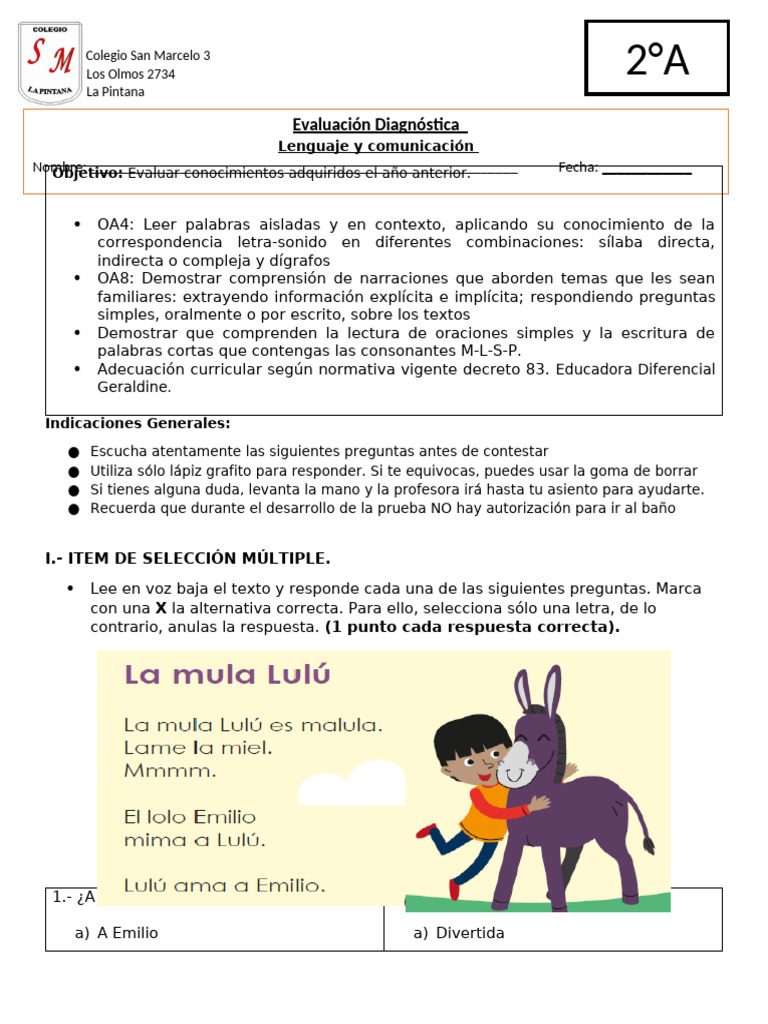 Evaluación Diagnóstica de Lenguaje 2° Básico | PDF