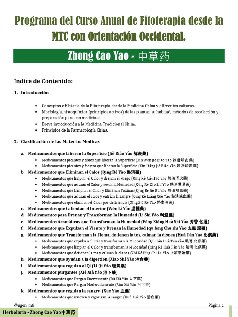 Programa Del Curso de Fitoterapia Desde La MTC Con Orientación Occidenta | PDF | medicina ...