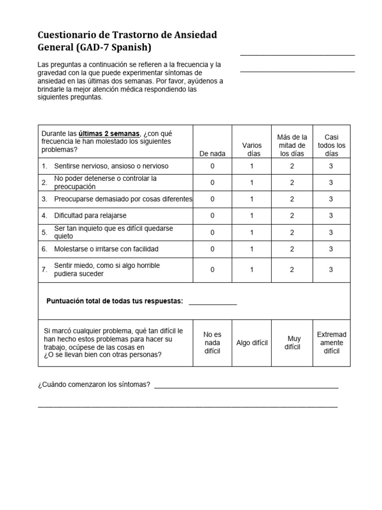 Cuestionario GAD-7 en Español PDF | PDF | Experiencia subjetiva ...