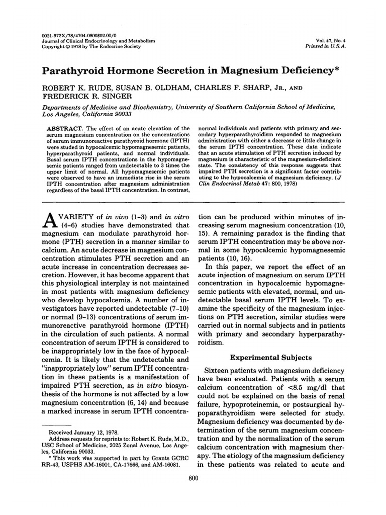 Parathyroid Hormone Secretion in Magnesium Deficiency | PDF | Glands ...