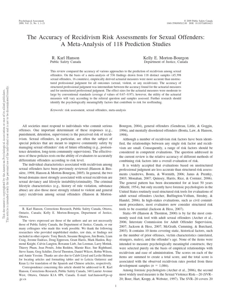 The Accuracy of Recidivism Risk Assessments For Sexual Offenders: A ...