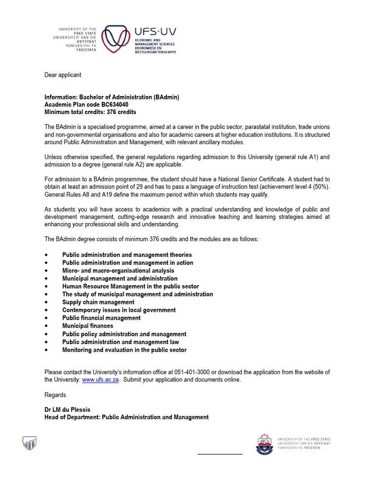 BAdmin Program Details at UFS | PDF