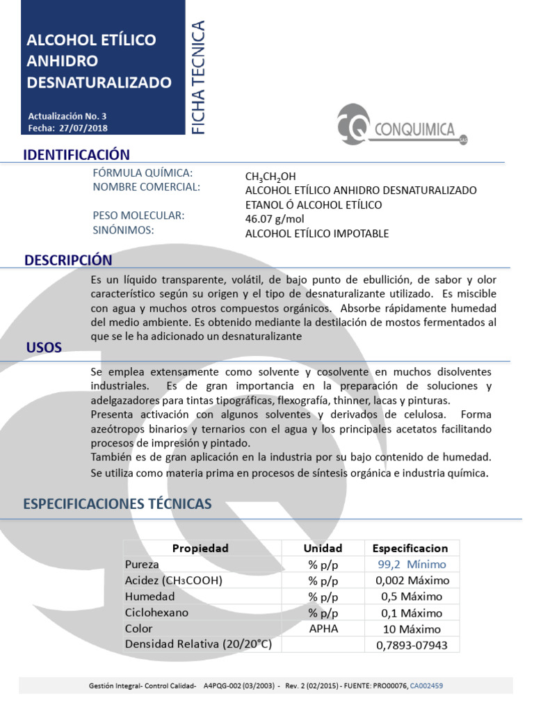 Alcohol Etílico Anhidro Desnaturalizado | PDF | Etanol | Química