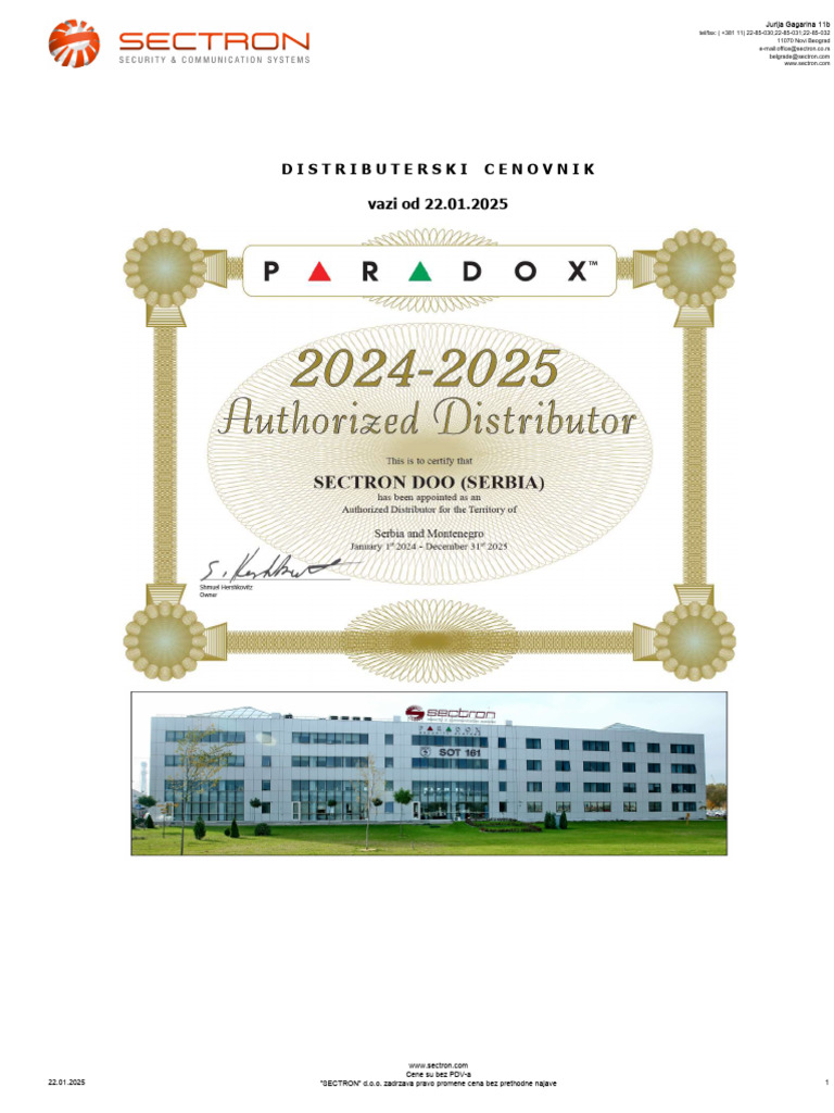 Sectron PARADOX Cenovnik Januar 2025 | PDF