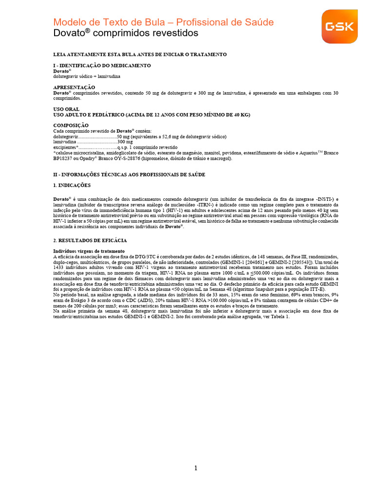Dovato Comprimidos Revestidos | PDF | Gestão do HIV/Aids | Creatinina