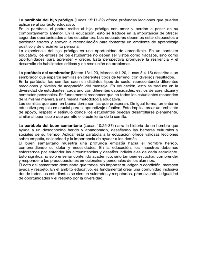 Lecciones educativas de parábolas bíblicas | PDF | Aprendizaje | Empatía