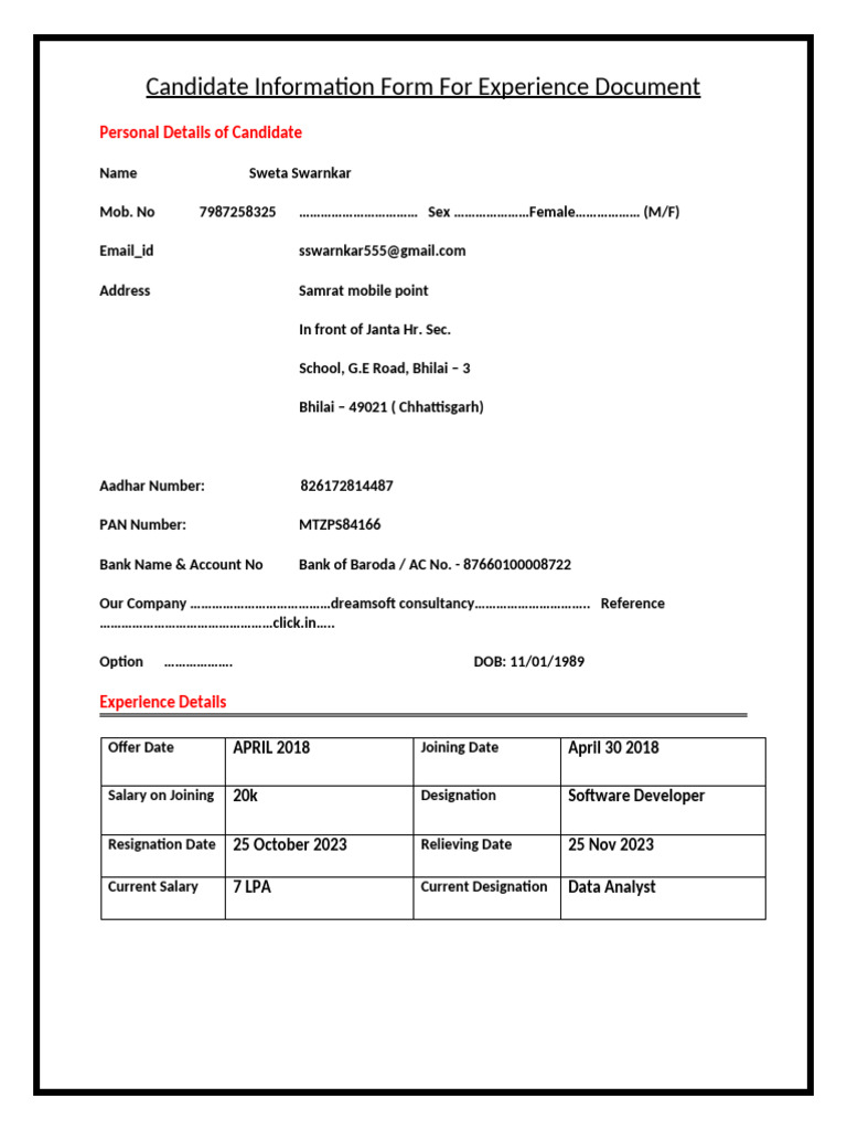 Candidate Experience & Personal Info Form | PDF