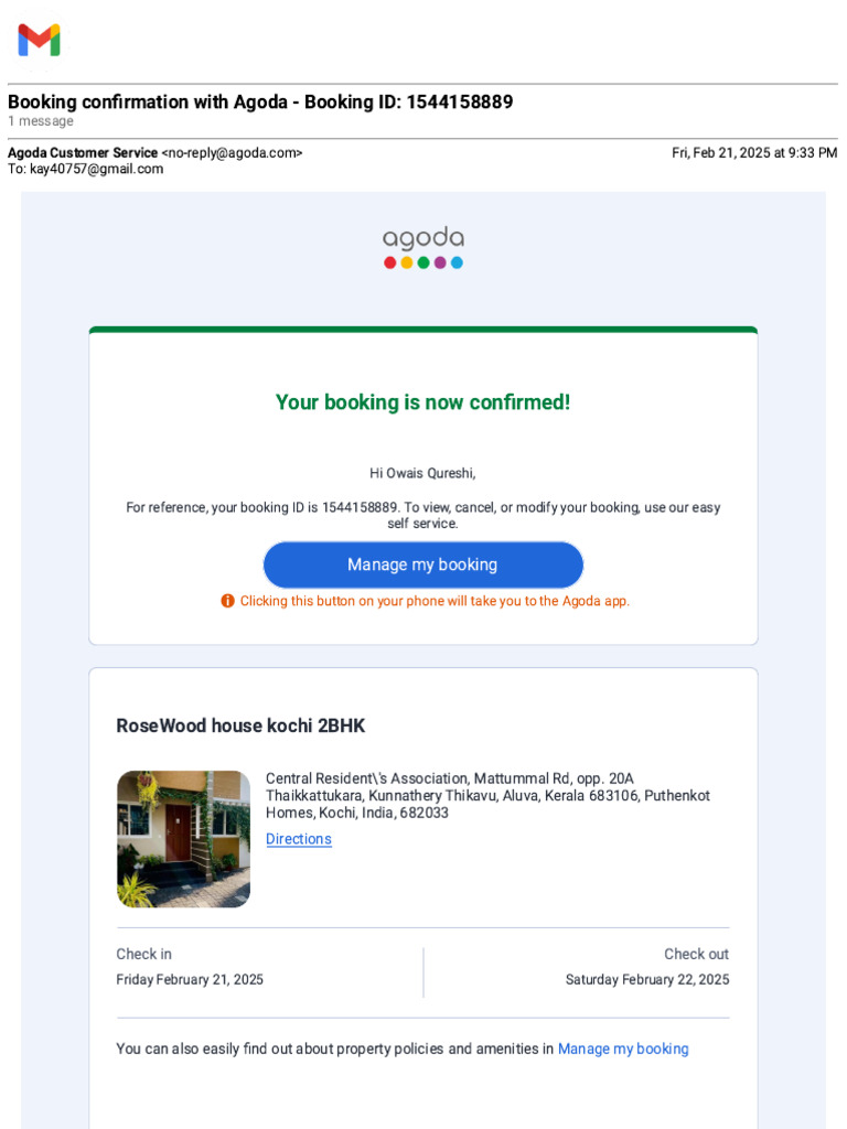 Gmail - Booking Confirmation With Agoda - Booking ID - 1544158889 | PDF