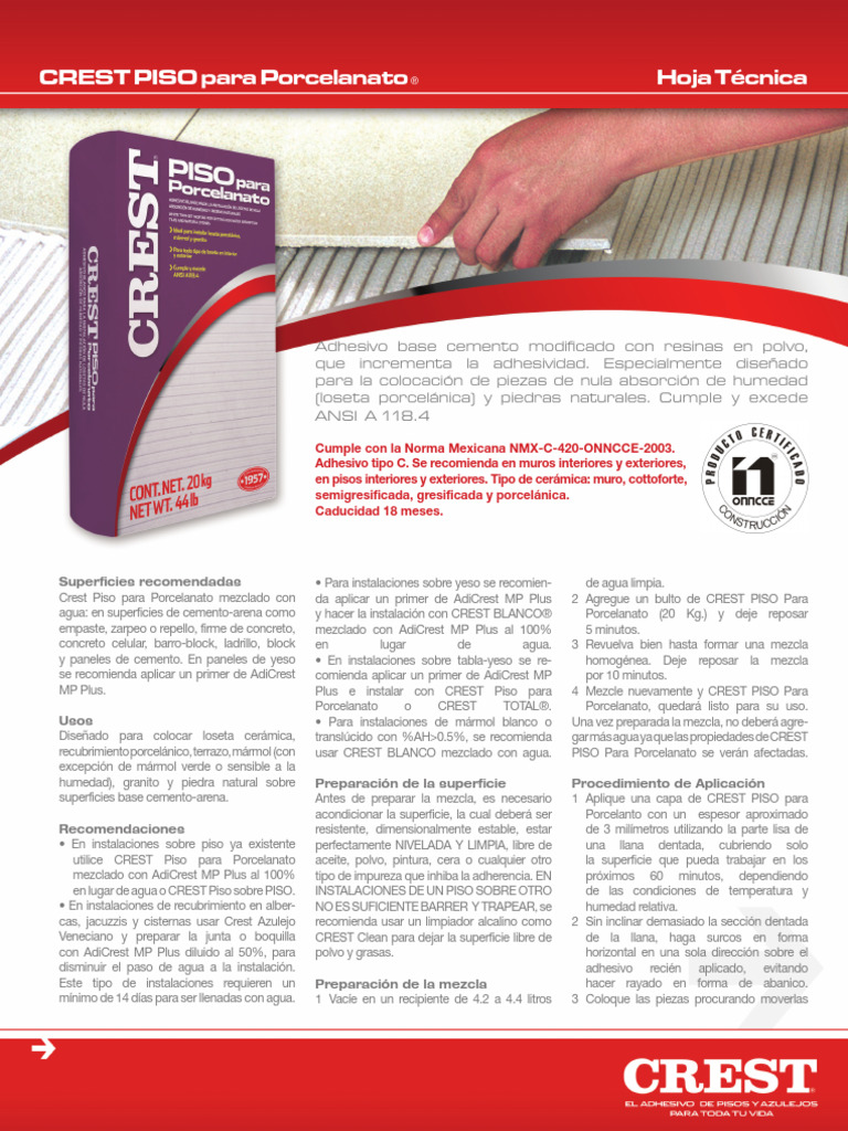 Rendimiento y Uso de Crest para Porcelanato | PDF | Hormigón | Agua
