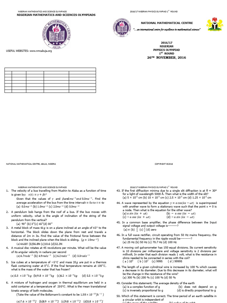 PHYSICS FIRST ROUND 2016 (1) | PDF | Gases | Temperature