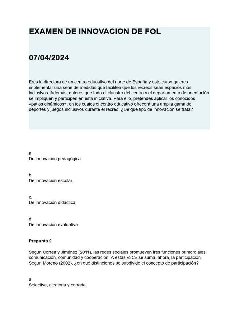 Examen de Innovacio de Fol 07 de Abril | PDF | Enseñando | Aprendizaje