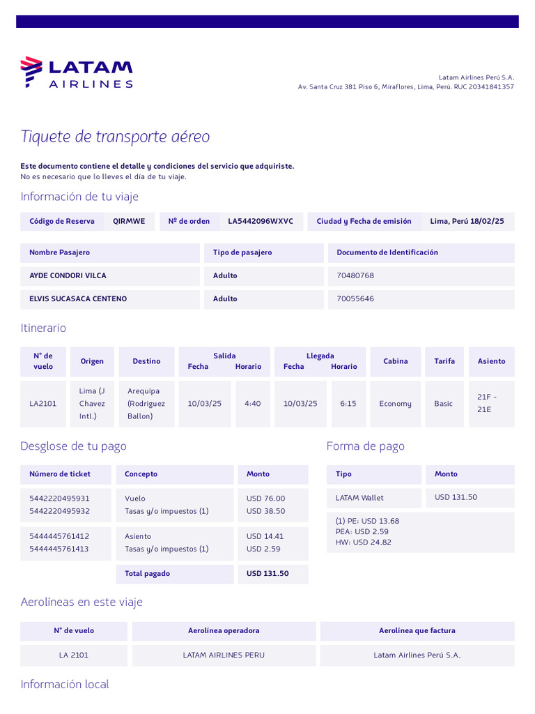 Tiquete LATAM: Detalles y Condiciones | PDF | aerolíneas | Transporte