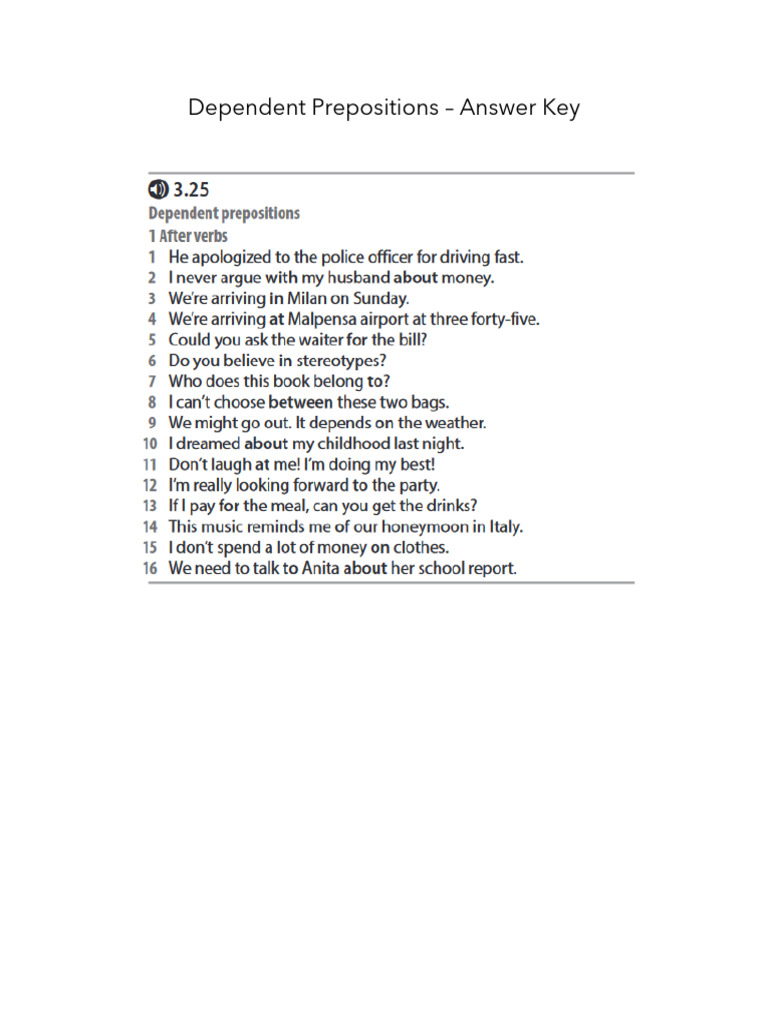 Dependent Prepositions - Answer Key | PDF