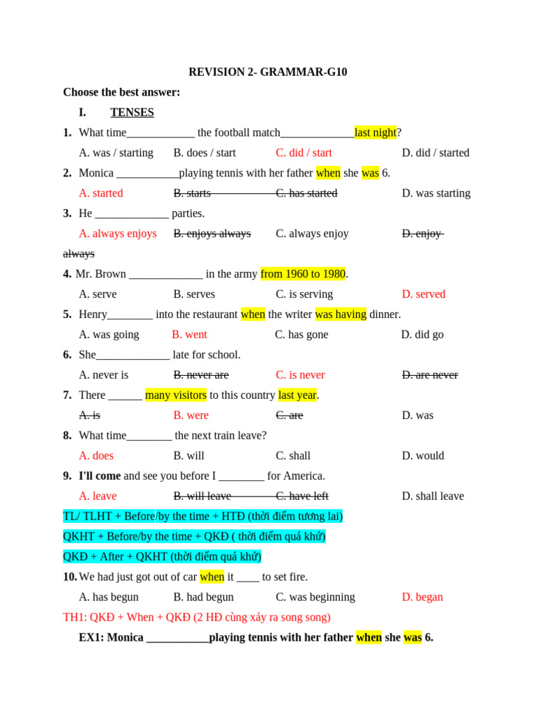 Key-Revision 2-Grammar-Grade 10 | PDF