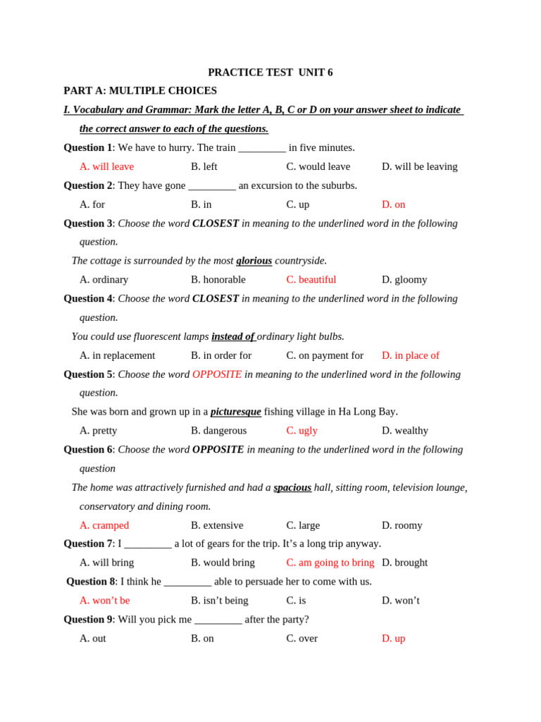 KEY-PRACTICE TEST UNIT 6-G10 | PDF