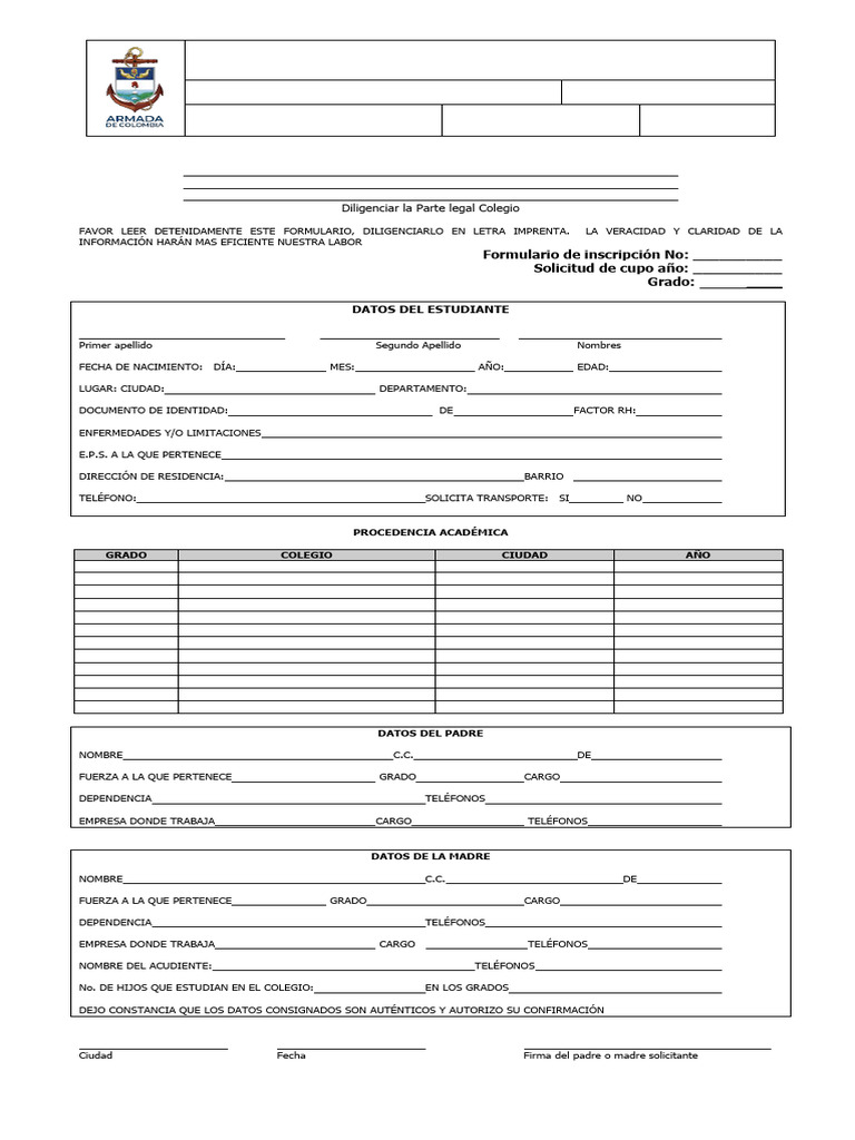 Formato Control Formularios de Inscripción Colegio Naval | PDF