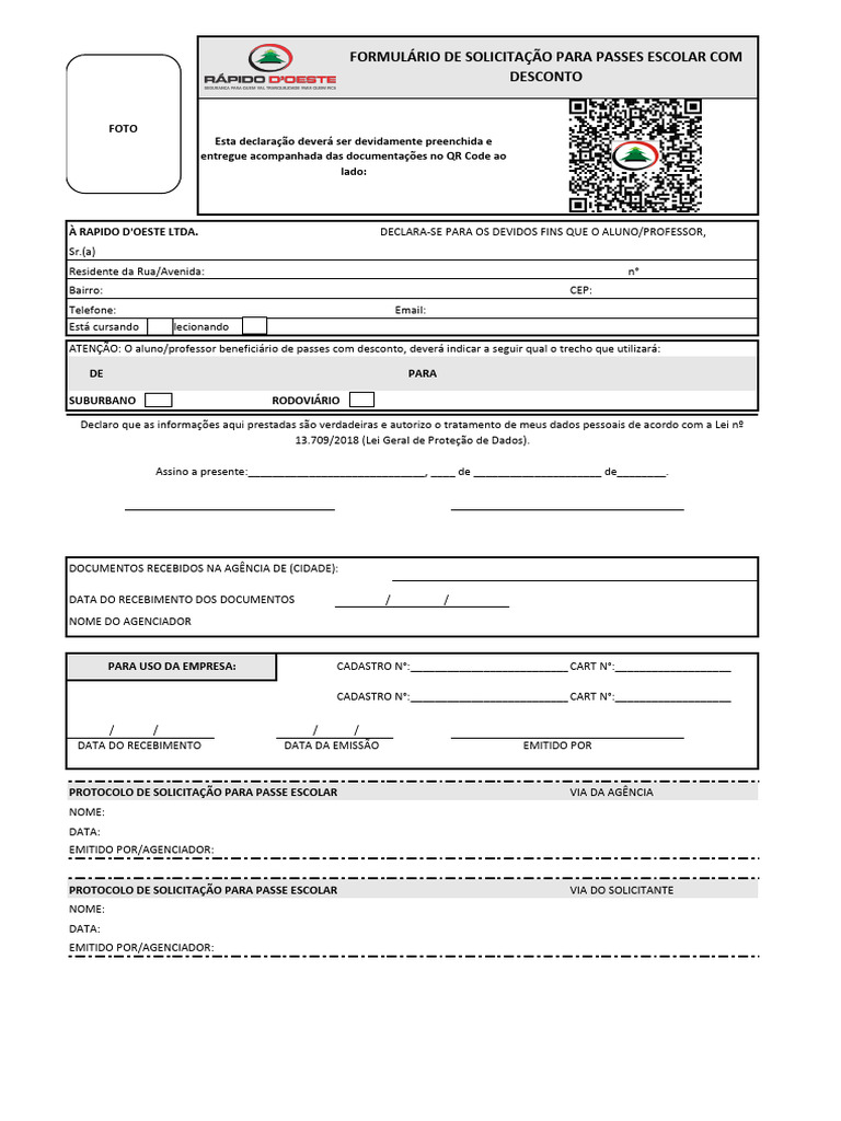 Formulario Solicitacao de Passe Escolar RPDO 2024.5 | PDF